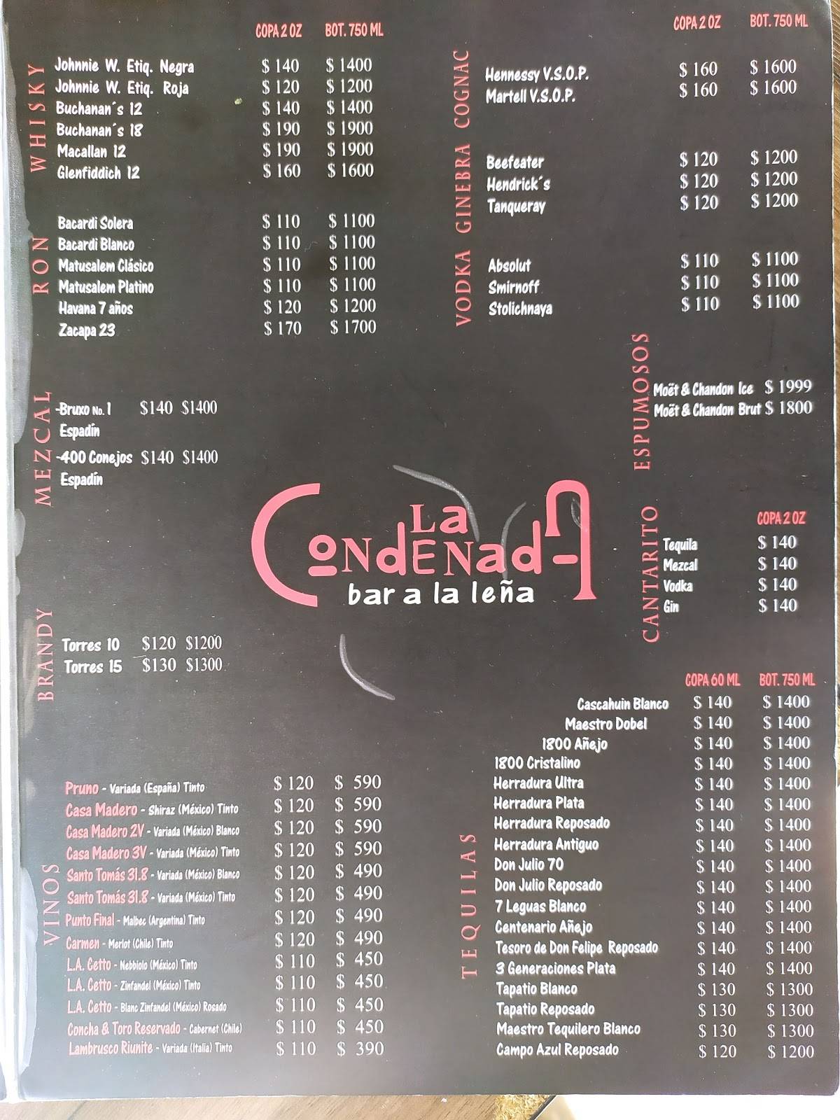 Carta de La Condenada bar a la leña, San Pedro Tlaquepaque, C. Vista a ...