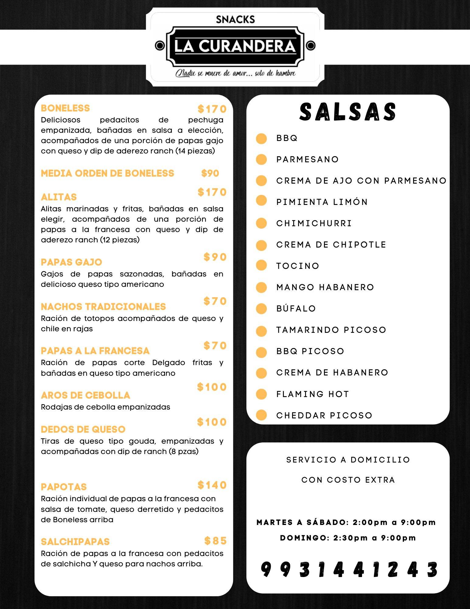 Carta del restaurante La Curandera, Comalcalco