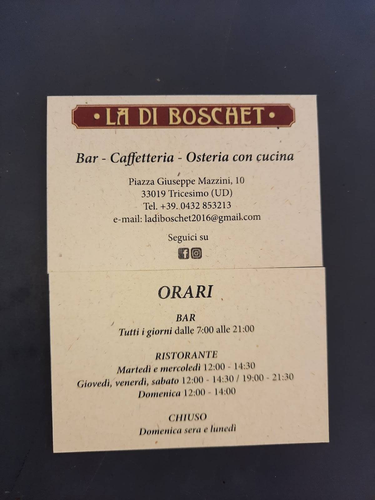 Menu da Là di Boschet ristorante, Tricesimo