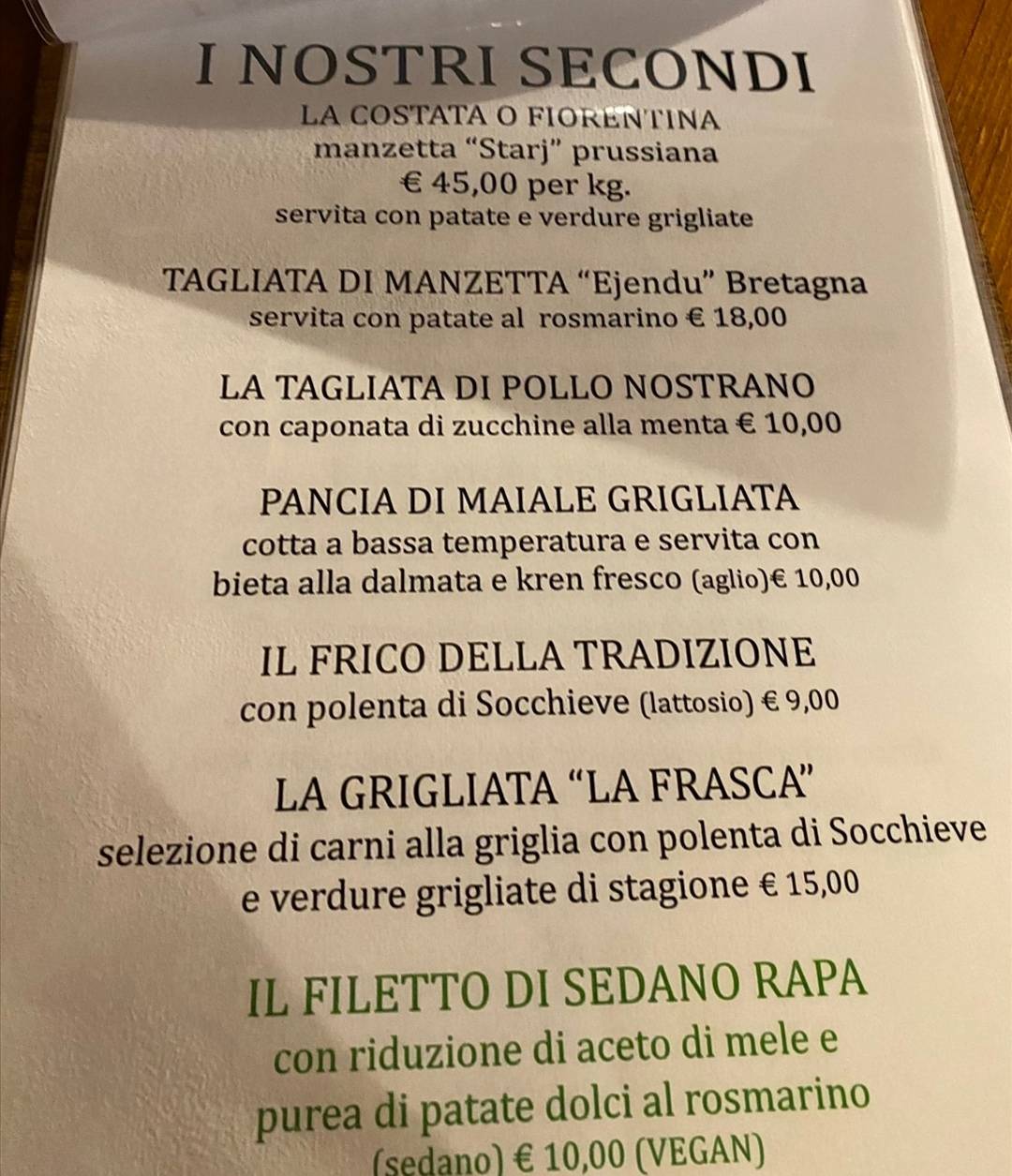 Menu au La Frasca restaurant, Pavia di Udine