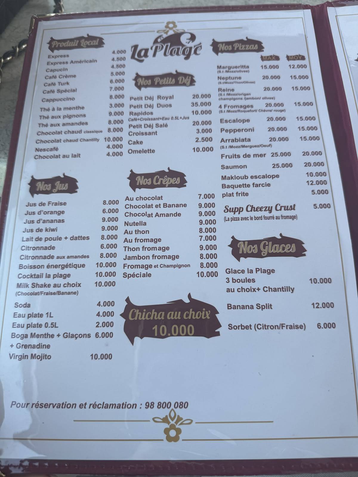 Menu au La Plage Cafe La Goulette, La Goulette