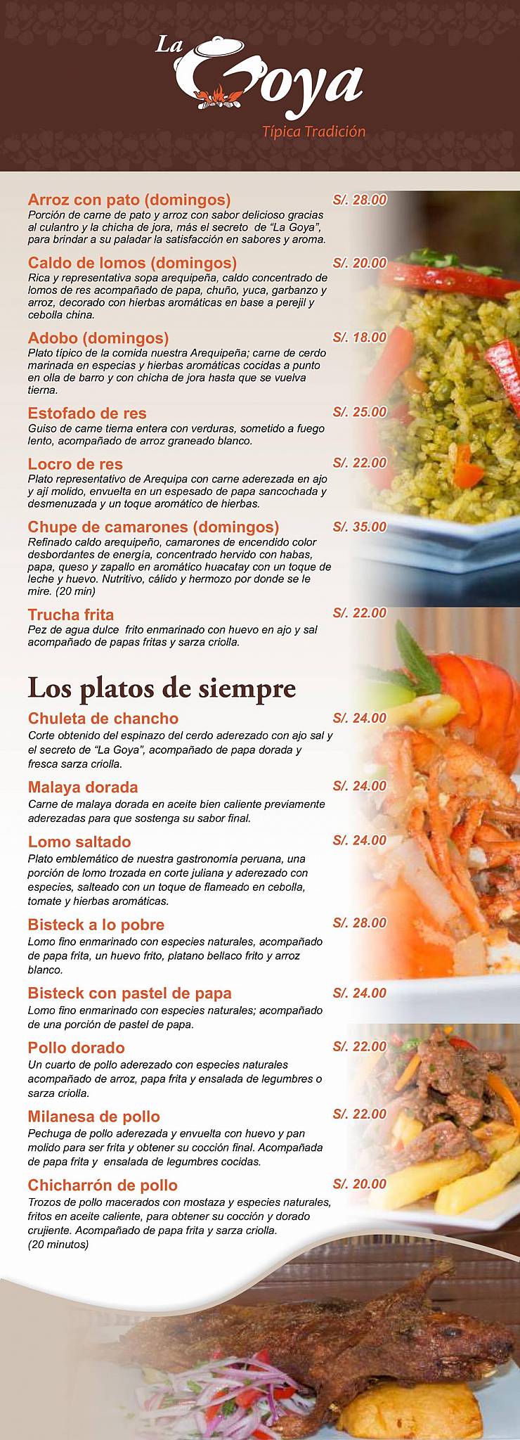 Menu at La Goya restaurant, Arequipa