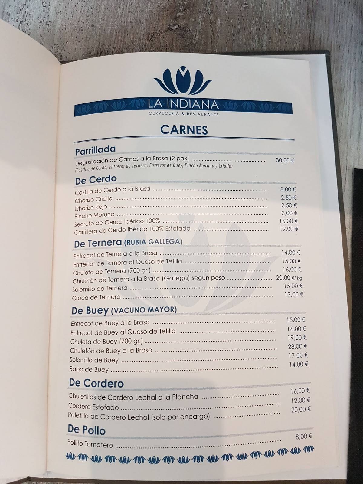 Menu at La Indiana restaurant, Sanxenxo, Lugar Vinquiño