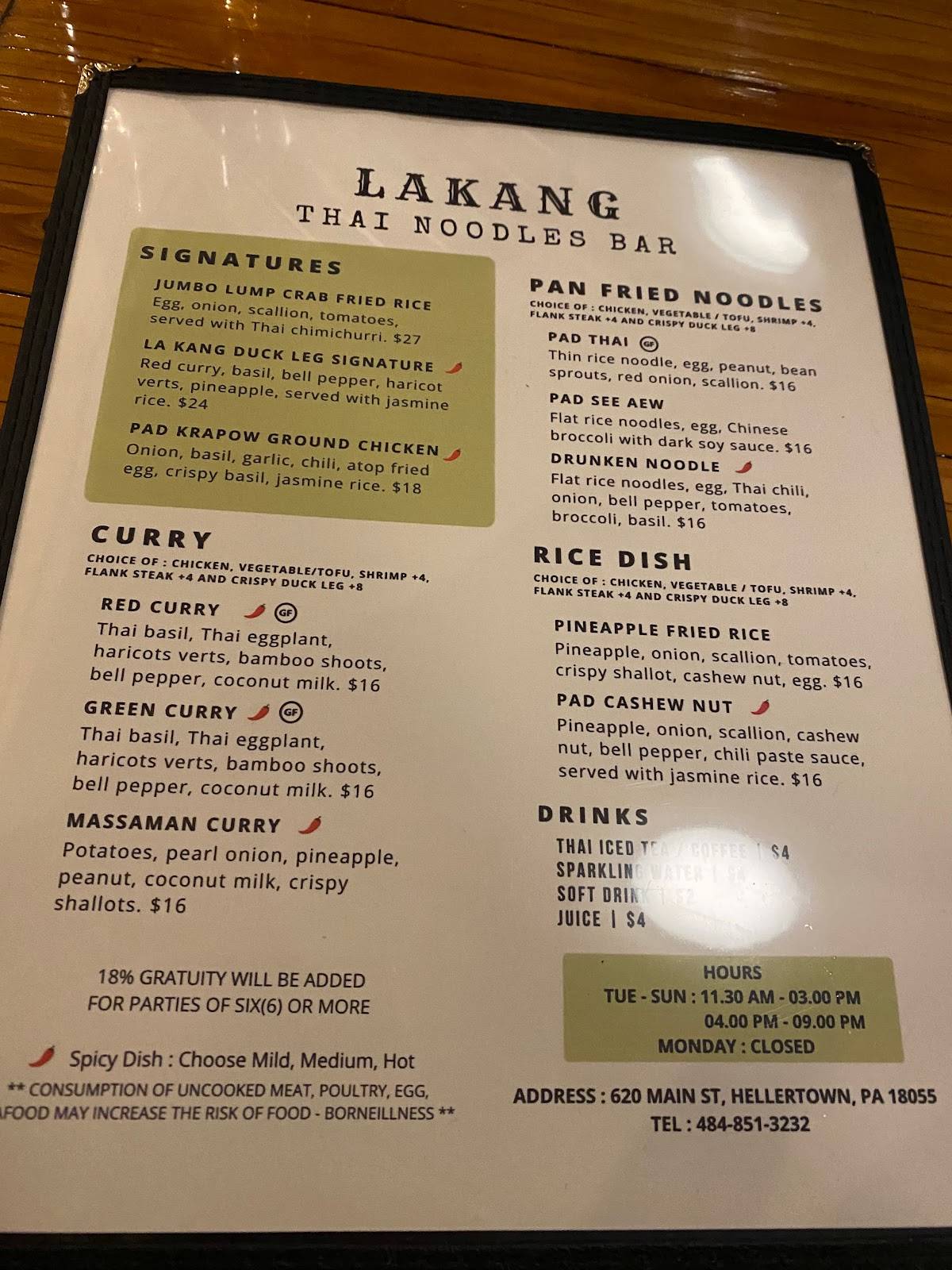 Menu at La Kang Thai Noodles Bar, Hellertown
