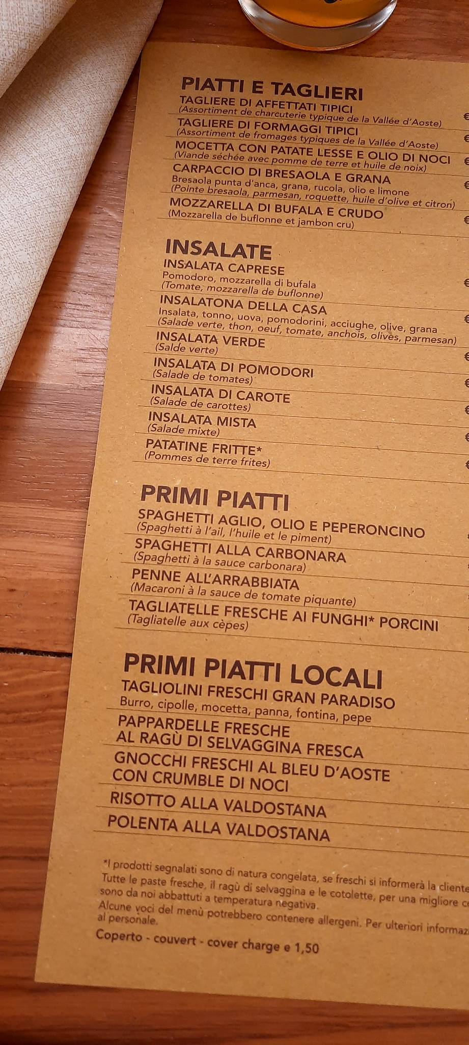 Menu da La Locanda ristorante, Morgex