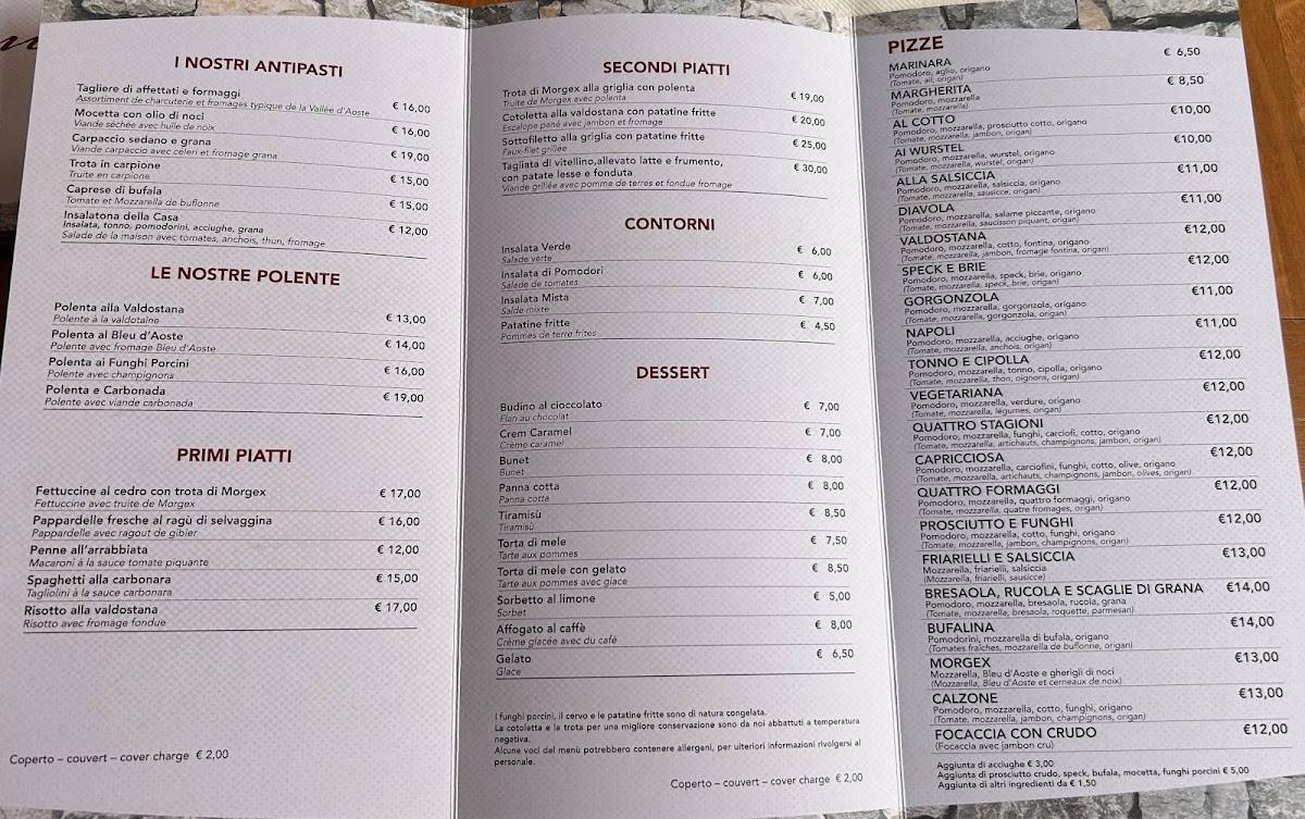 Menu at La Locanda restaurant, Morgex