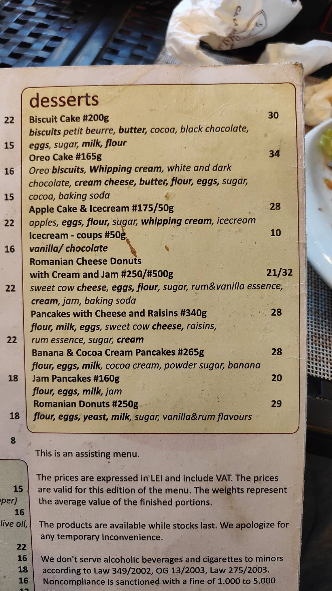 Menu at La Mama, Bucharest, Strada Episcopiei 9