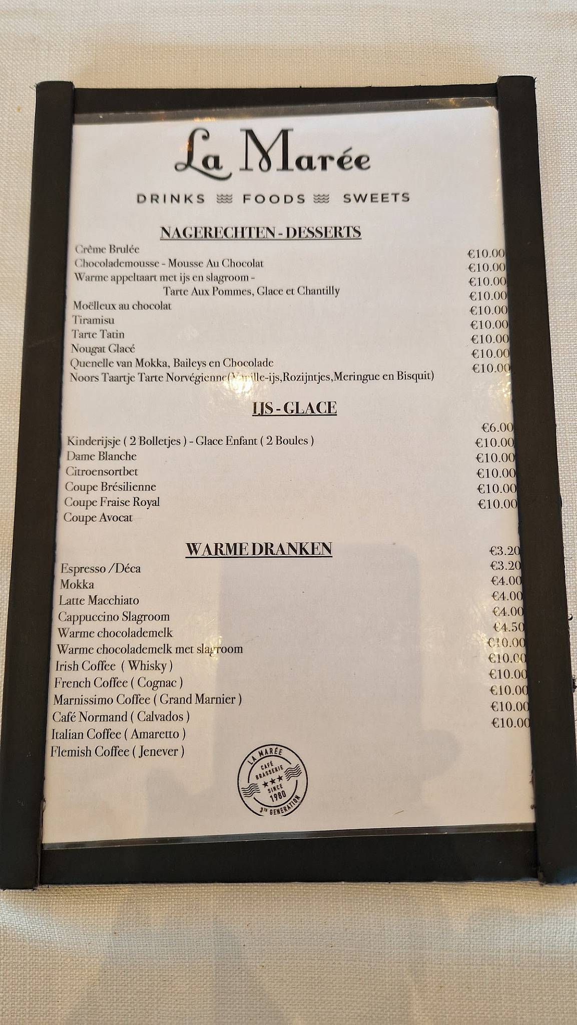 Menu au La Marée restaurant, Nieuport