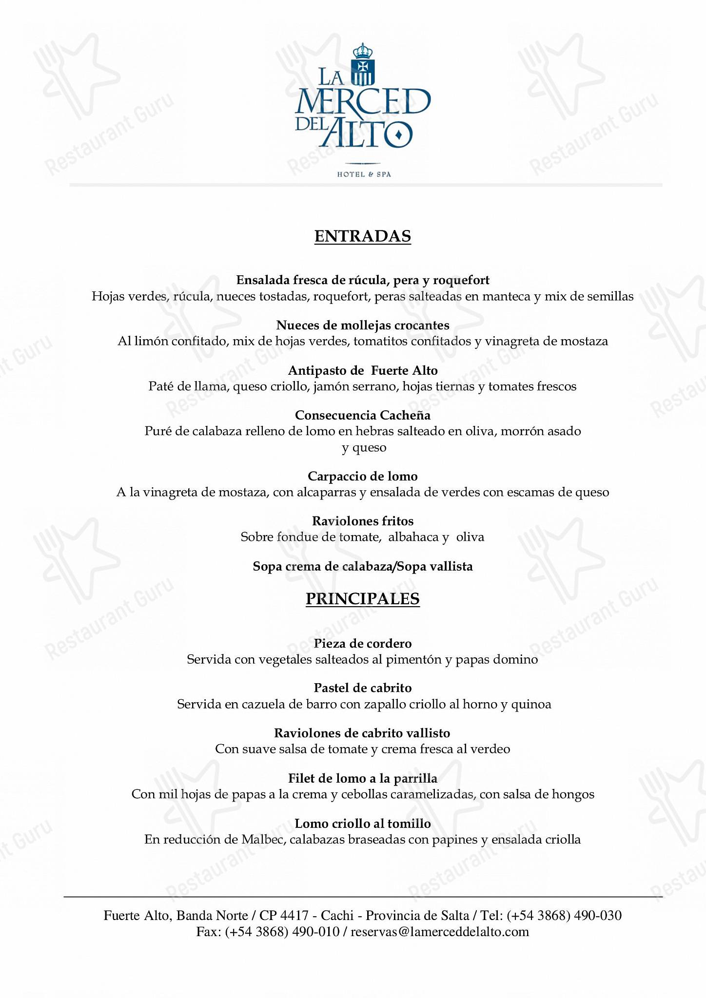 Menu at La Merced del Alto Hotel Boutique restaurant, Cachi