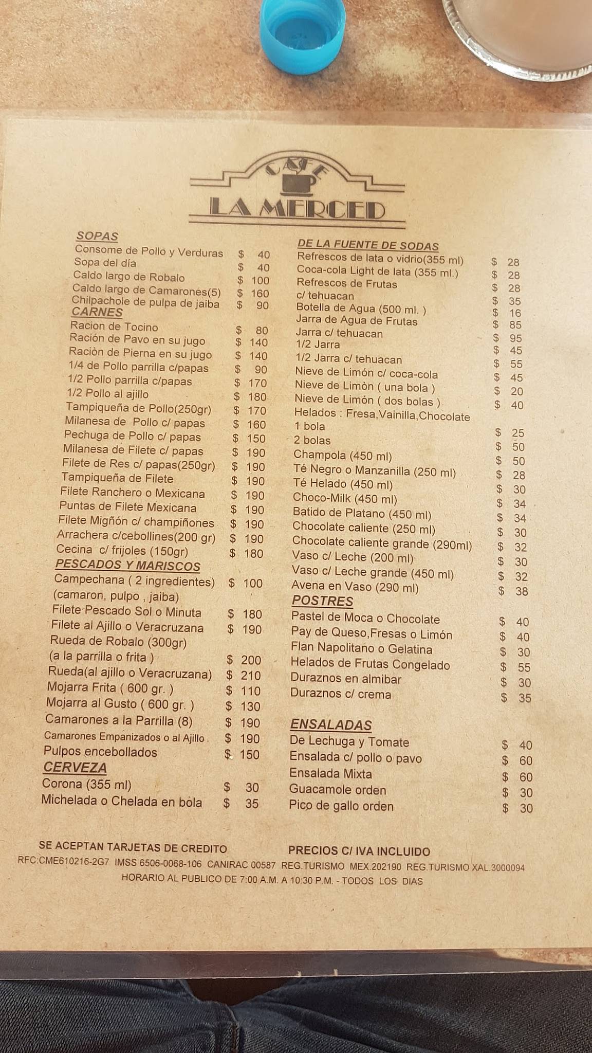 Menu at La Merced restaurant, Veracruz