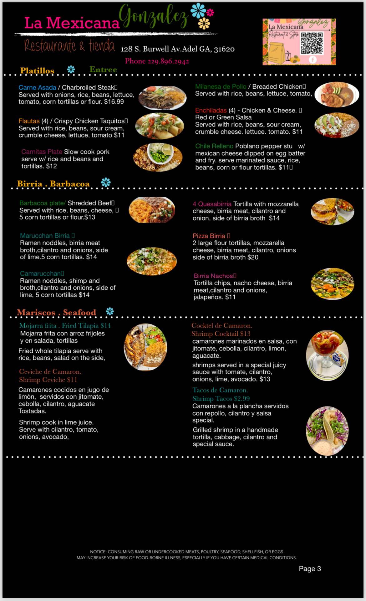Menu at La Mexicana Gonzalez restaurant, Adel
