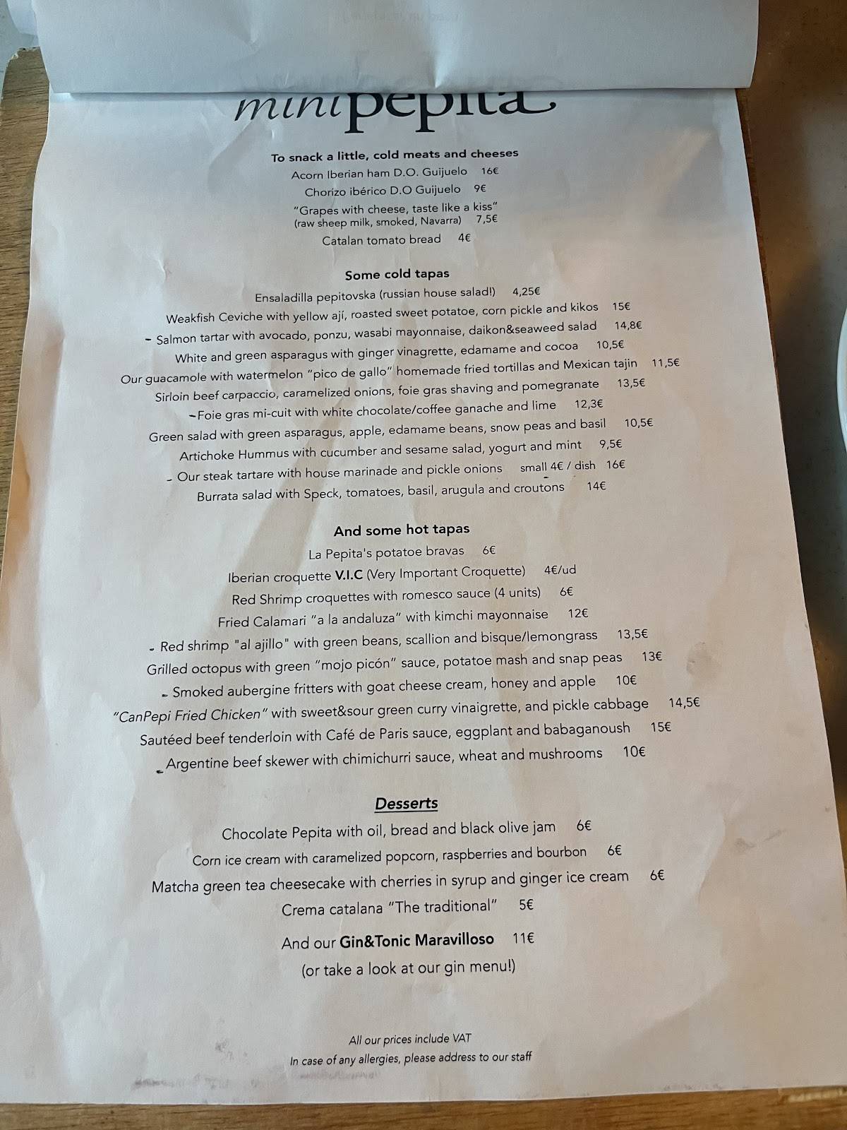 Menu at La Mini Pepita pub & bar, Barcelona, C/ de Còrsega