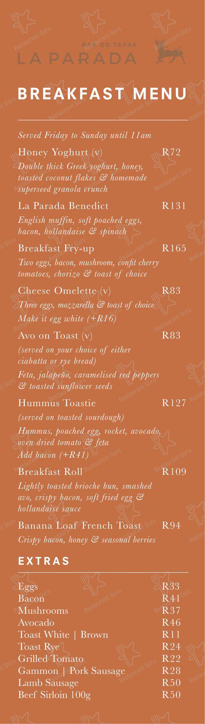 Menu at La Parada Rosebank restaurant, Johannesburg, Shop 22