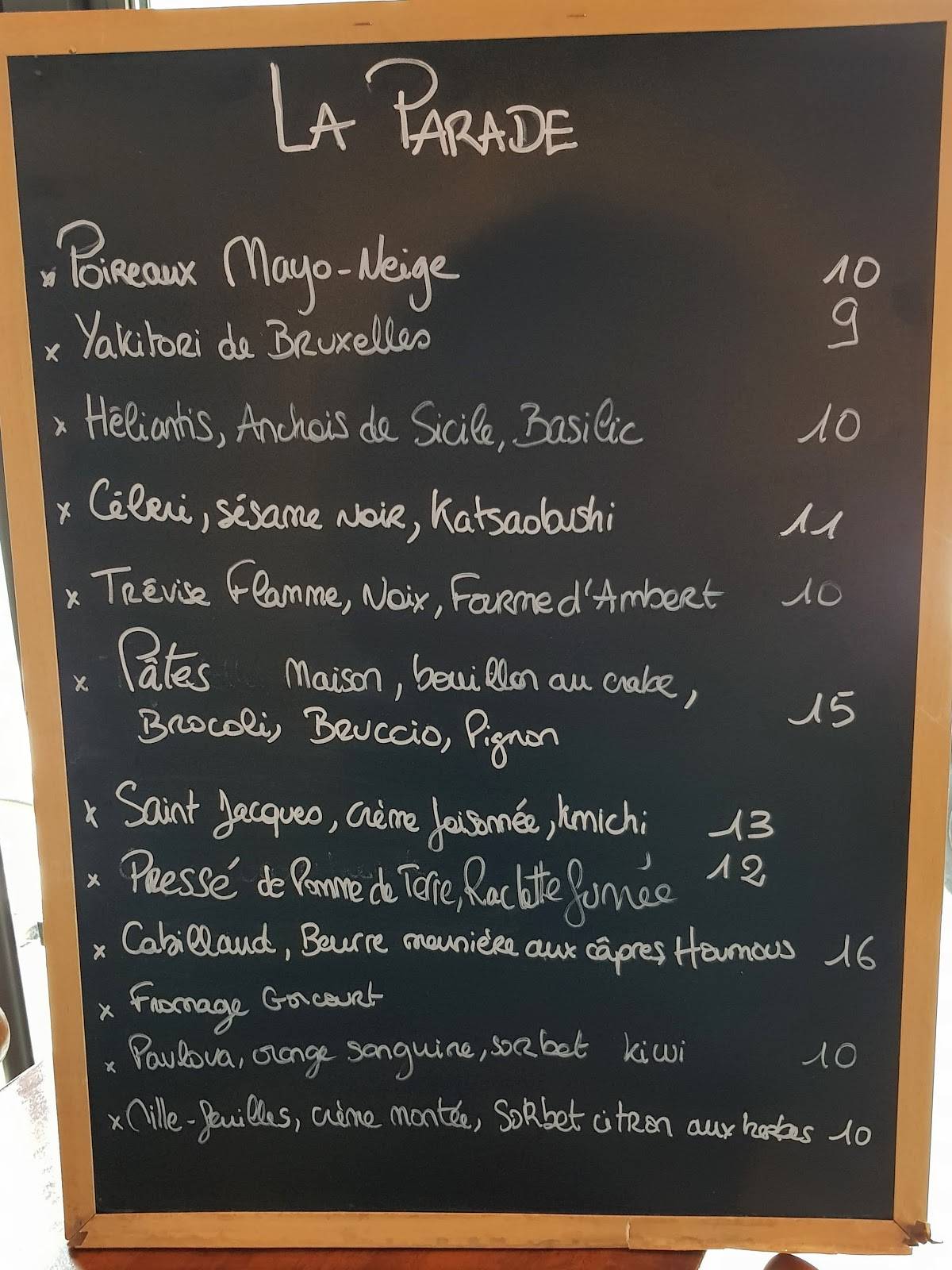 Menu at La Parade restaurant, Paris