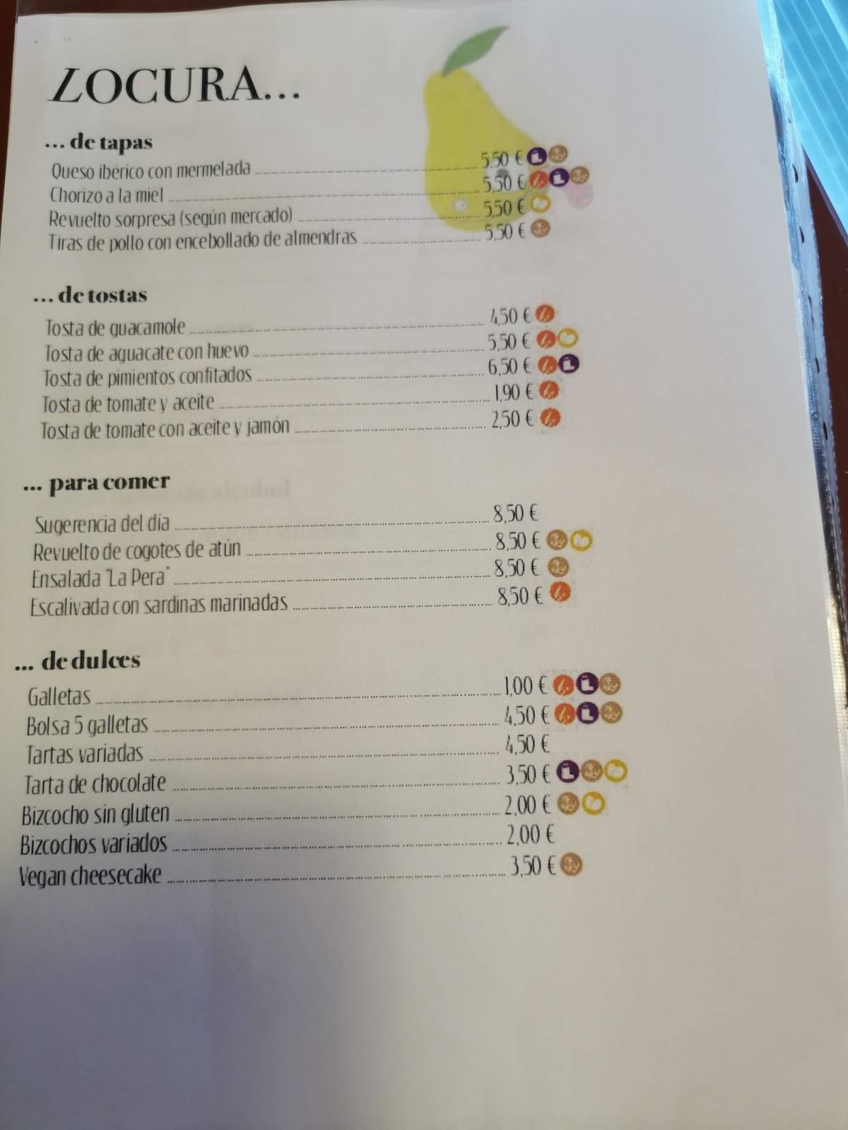 Carta del pub y bar La Pera Loca, Gijón