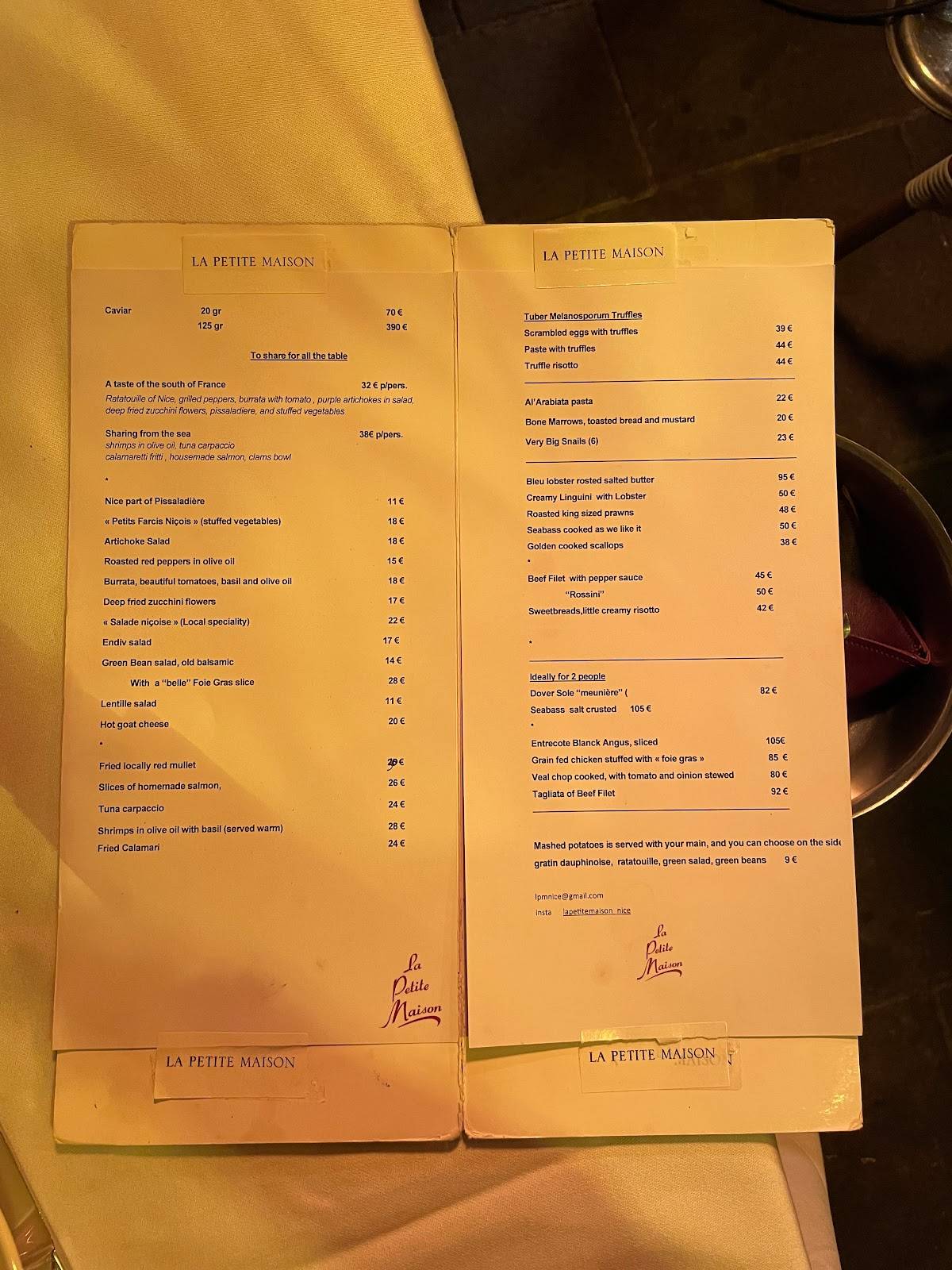 Menu at La Petite Maison restaurant, Nice