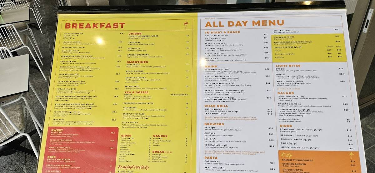 Menu at La Playa Beach and Eats restaurant, Surfers Paradise