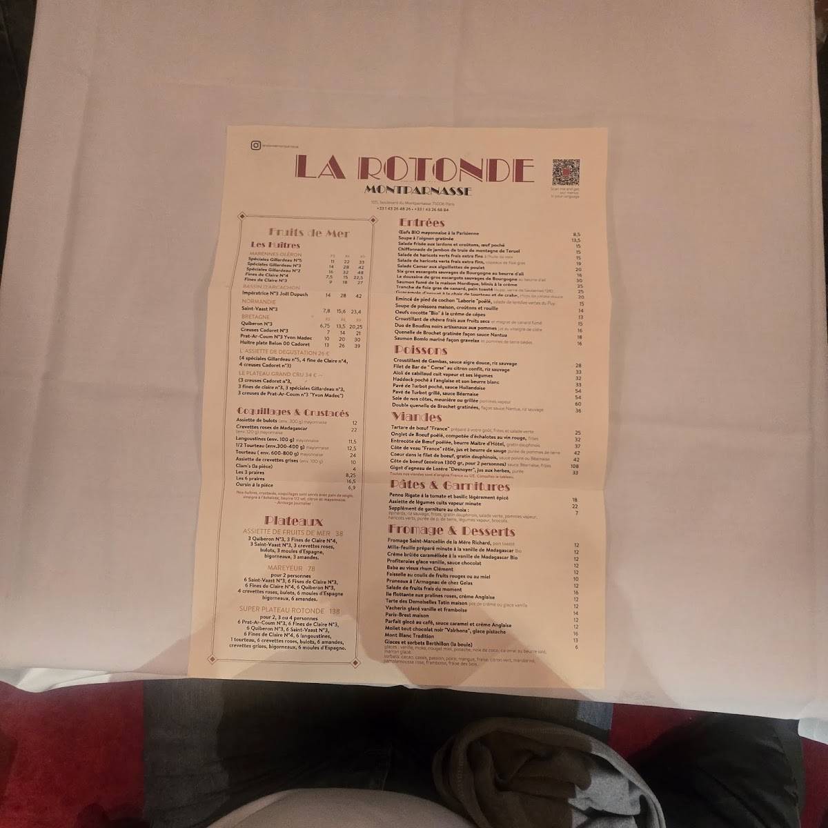 Menu at La Rotonde restaurant, Paris, 105 Bd du Montparnasse