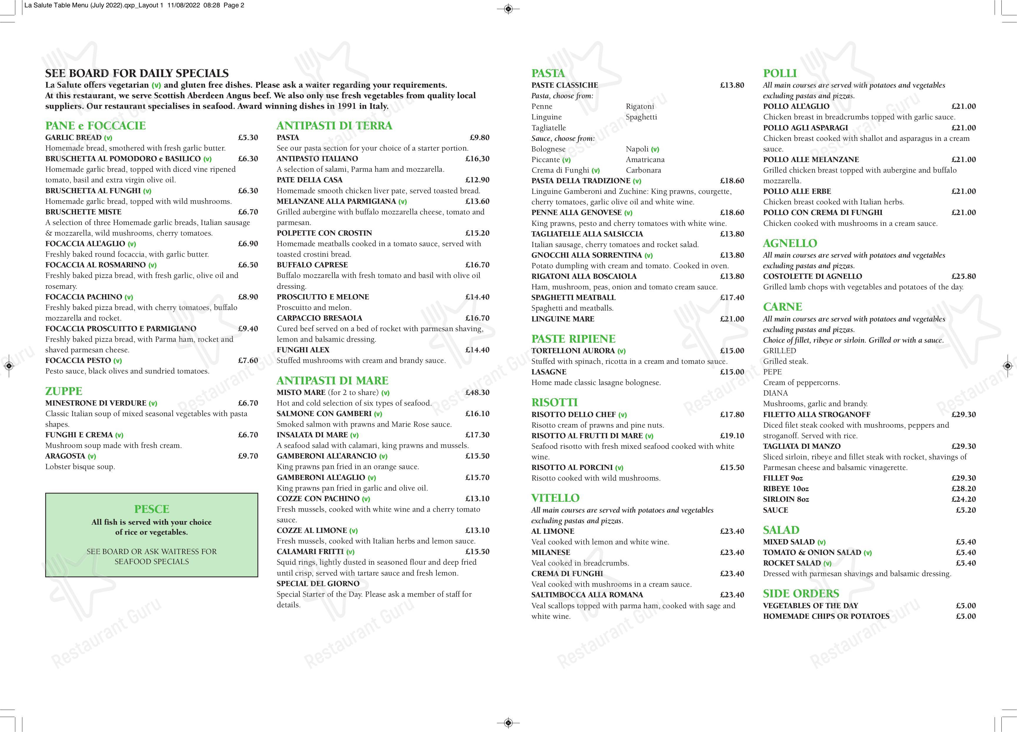 Menu at La Salute Ristorante Italiano restaurant, West Calder