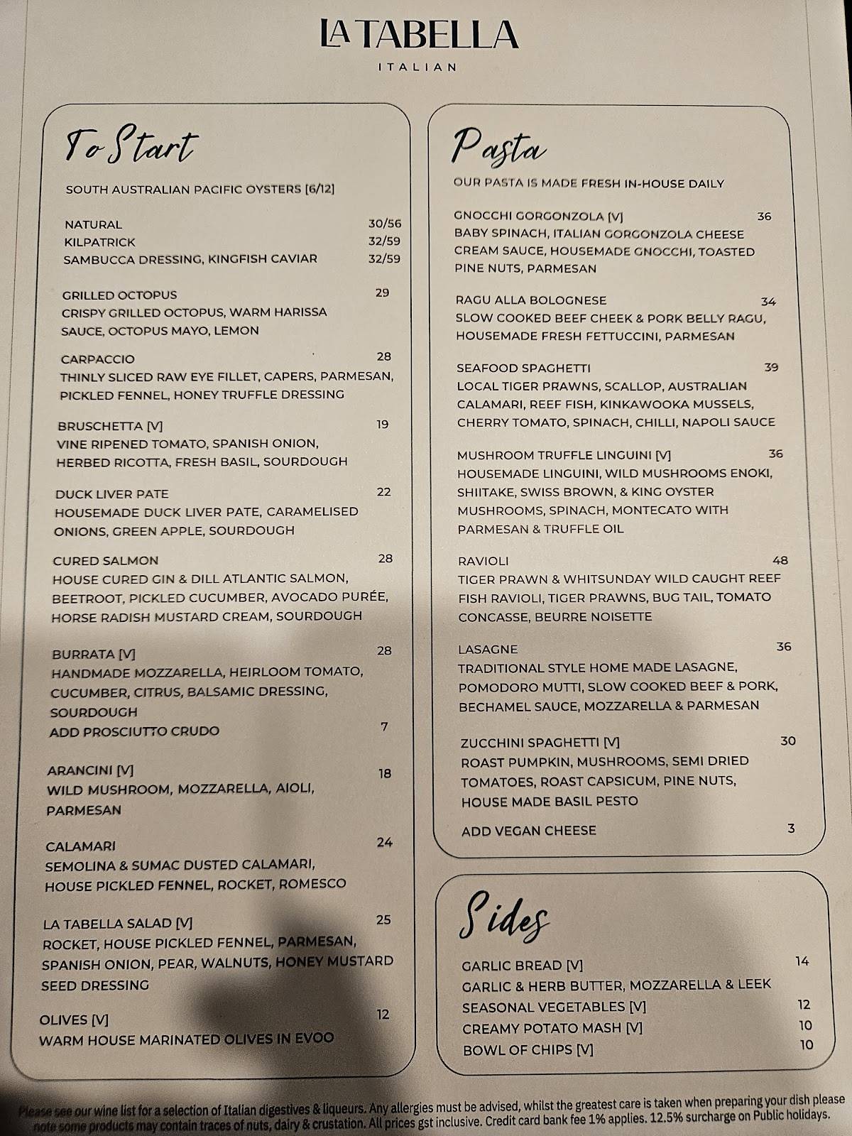 Menu at La Tabella Italian restaurant, Airlie Beach