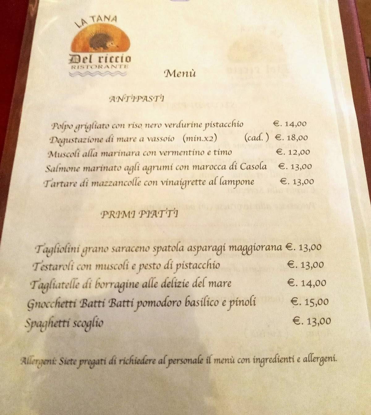 Menu da La Tana Del Riccio ristorante, Santo Stefano di Magra