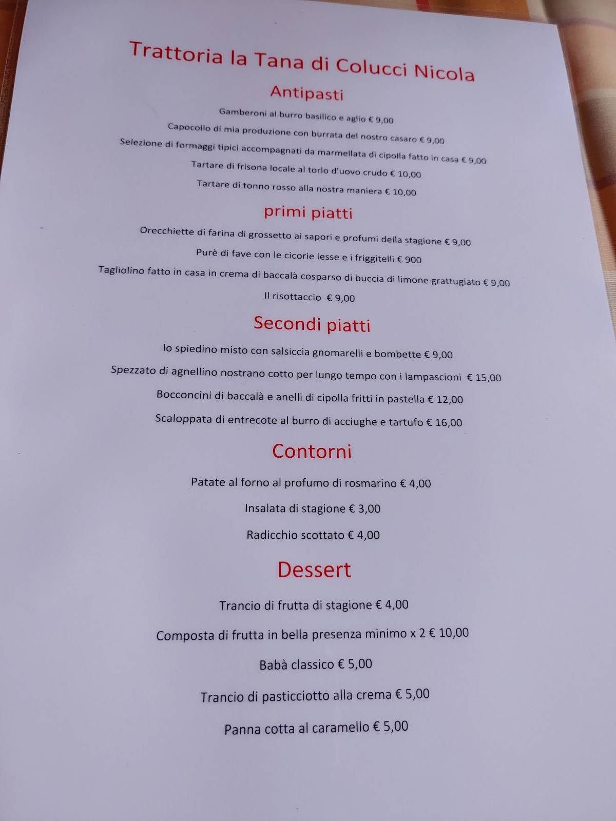 Menu da La Tana pizzeria, Martina Franca