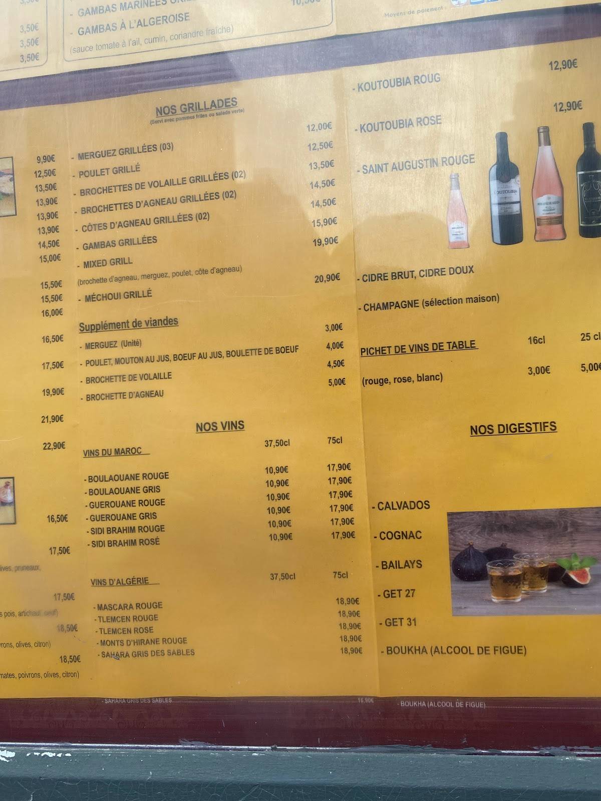 Menu au La Taverne Algéroise restaurant, Dieppe
