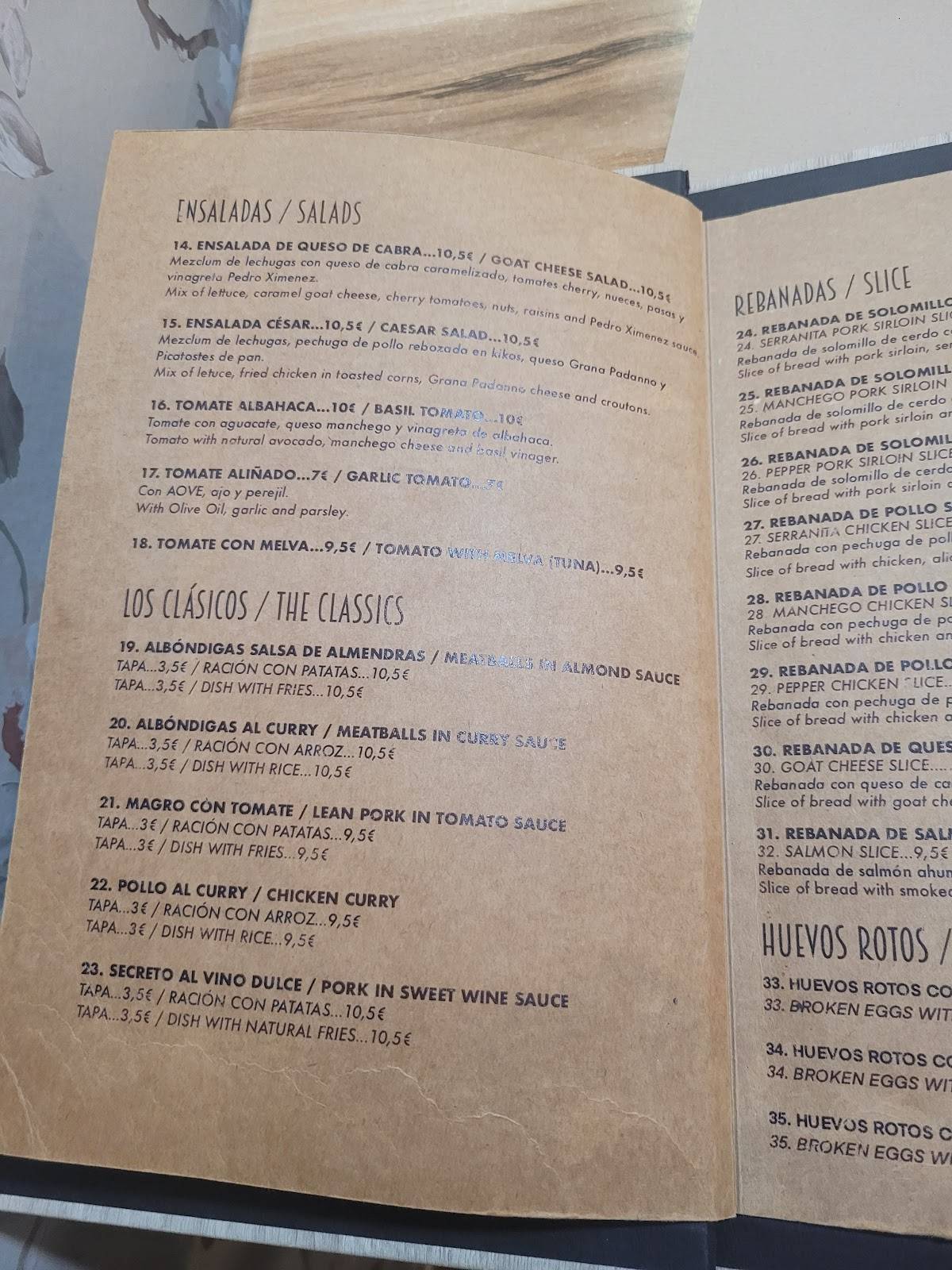 Carta del restaurante La Toná, La Cala del Mijas