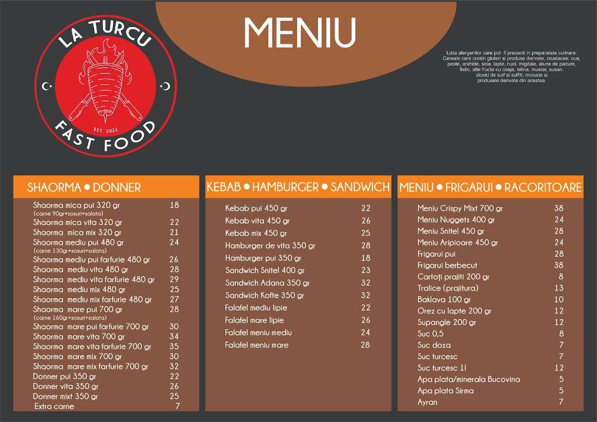 Menu at La Turcu, Făgăraș