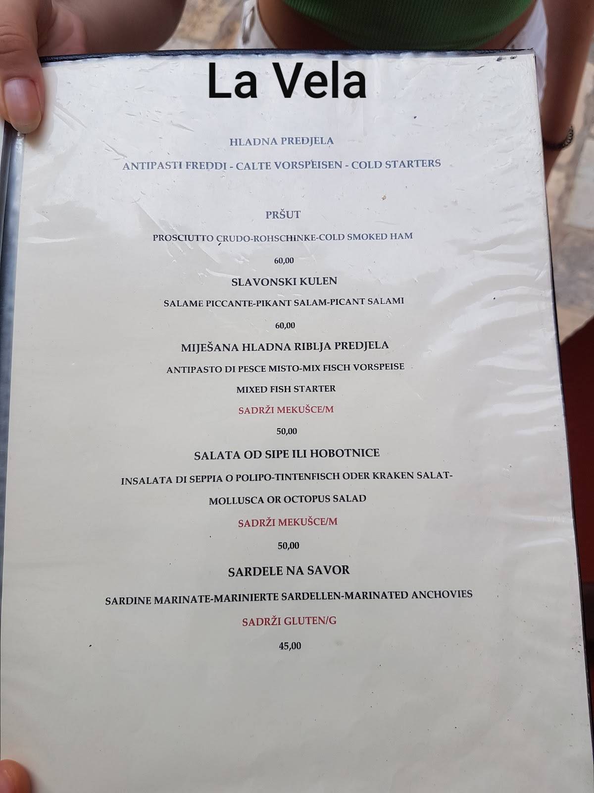Menu at La Vela gostionica restaurant, Rovinj