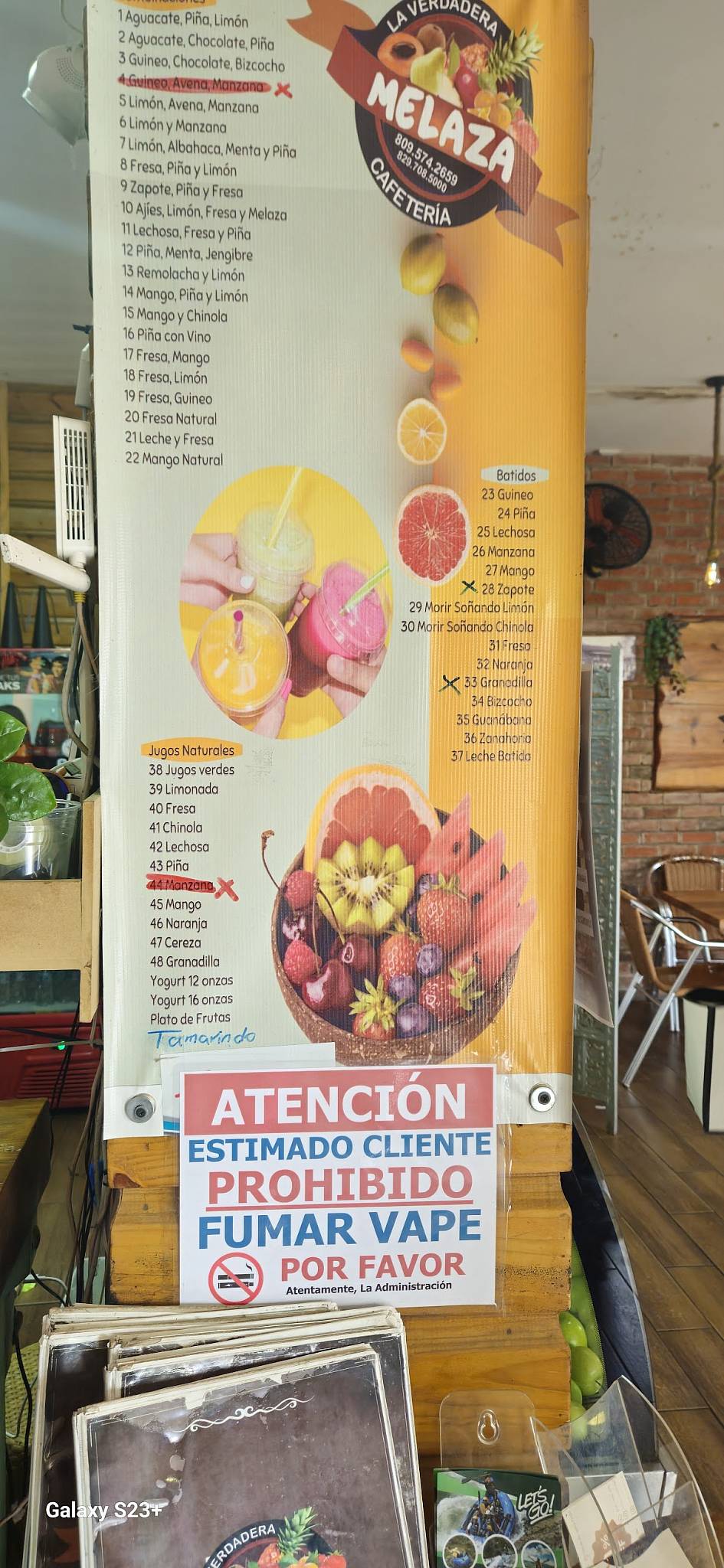 Carta del restaurante La Verdadera Melaza, Jarabacoa