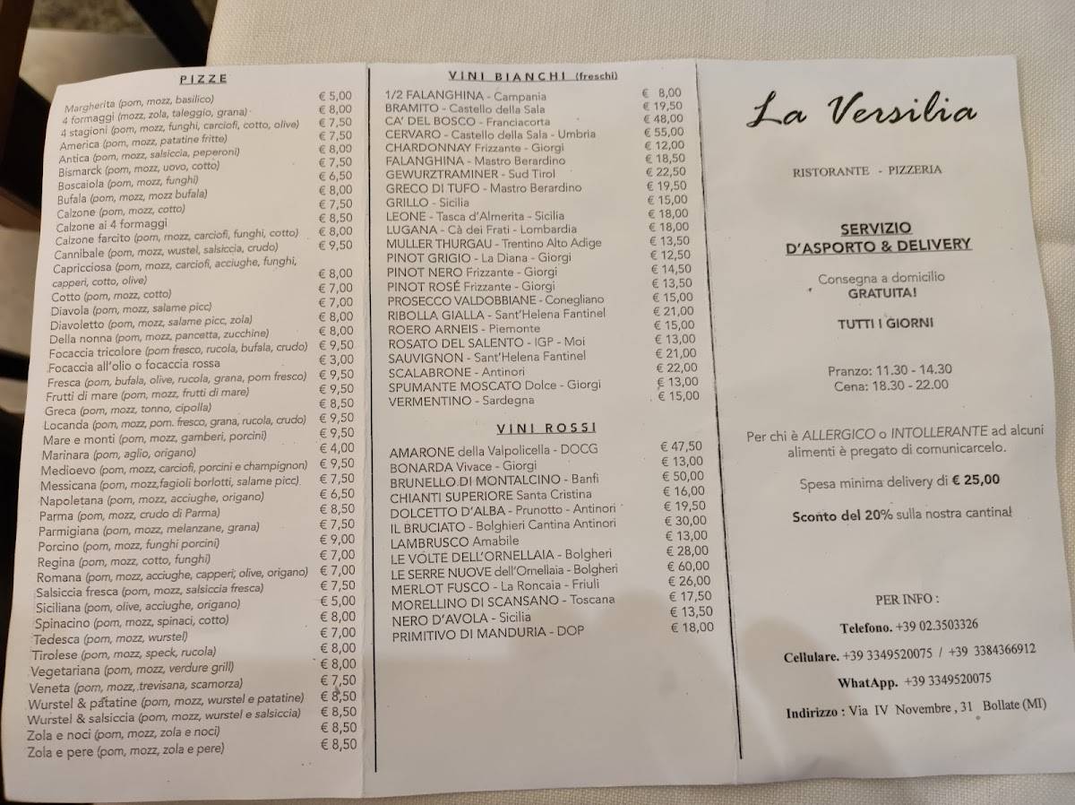 Menu da La Versilia ristorante, Bollate