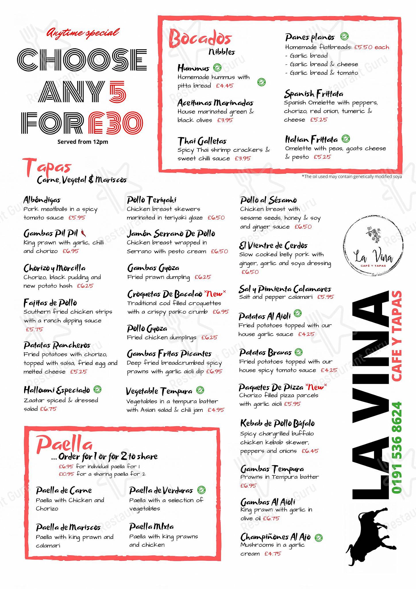 Menu at La Vina restaurant, Sunderland, 42 Front St