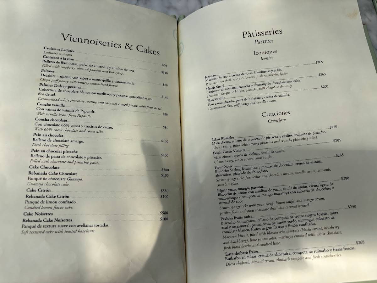 Carta del restaurante Ladurée, Ciudad del México