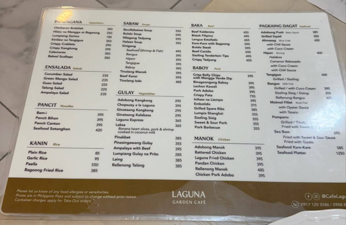 Menu at Laguna Garden Café restaurant, Cebu City, The Terraces