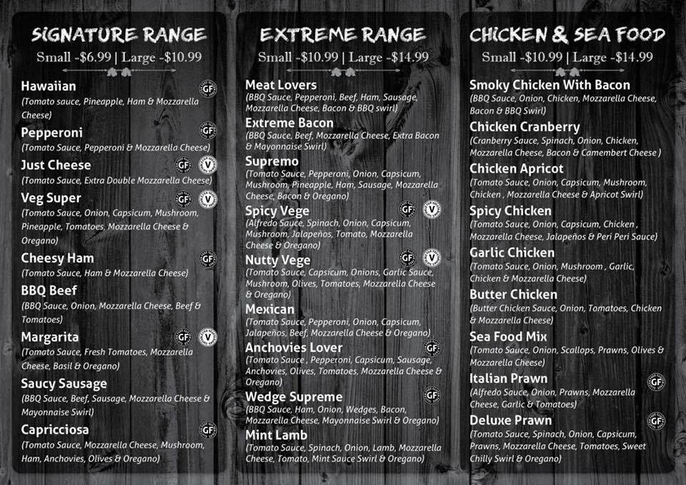 Menu at Lake pizza restaurant, Pegasus