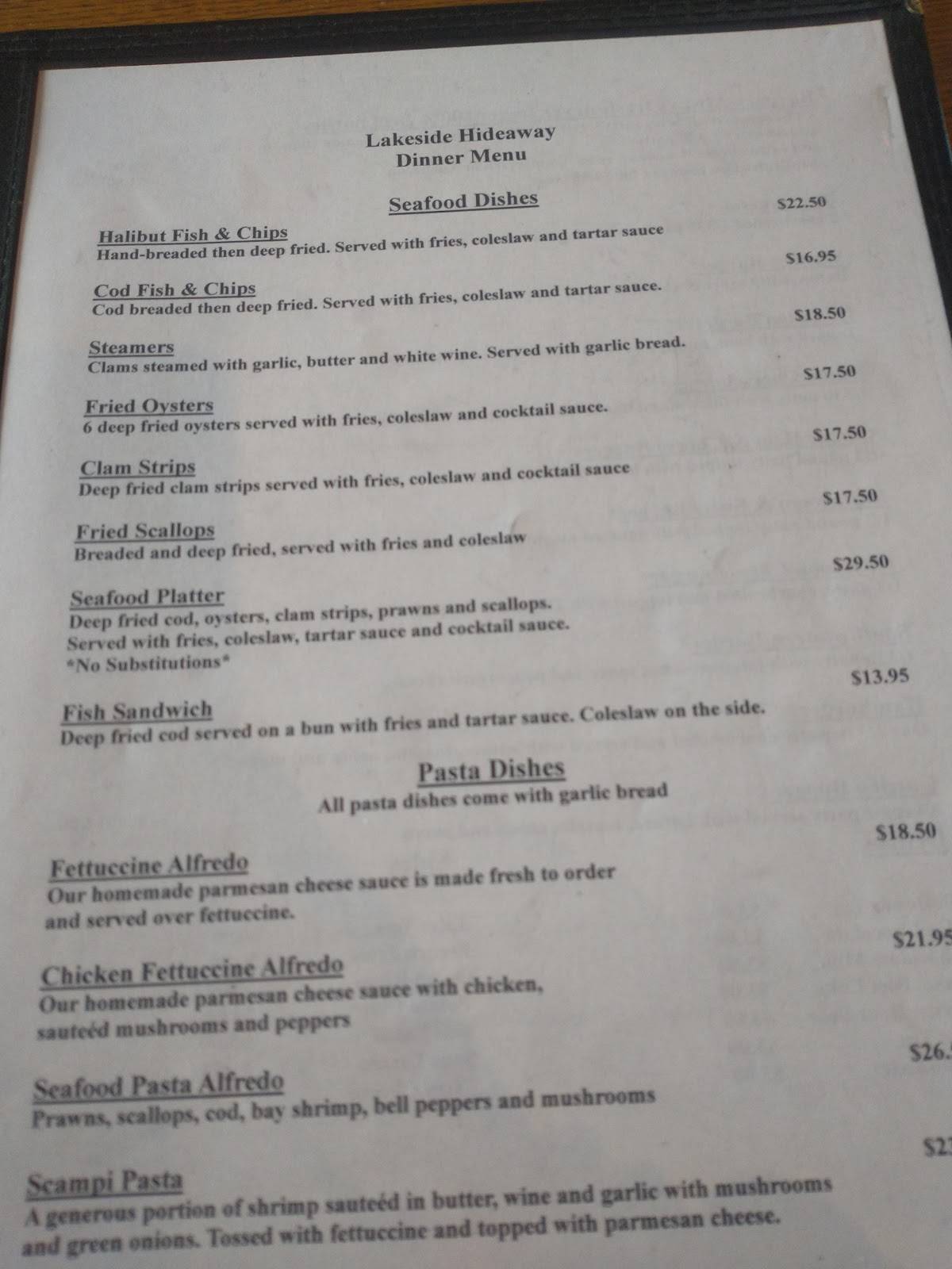 Menu at Lakeside Hideaway restaurant, Rockaway Beach