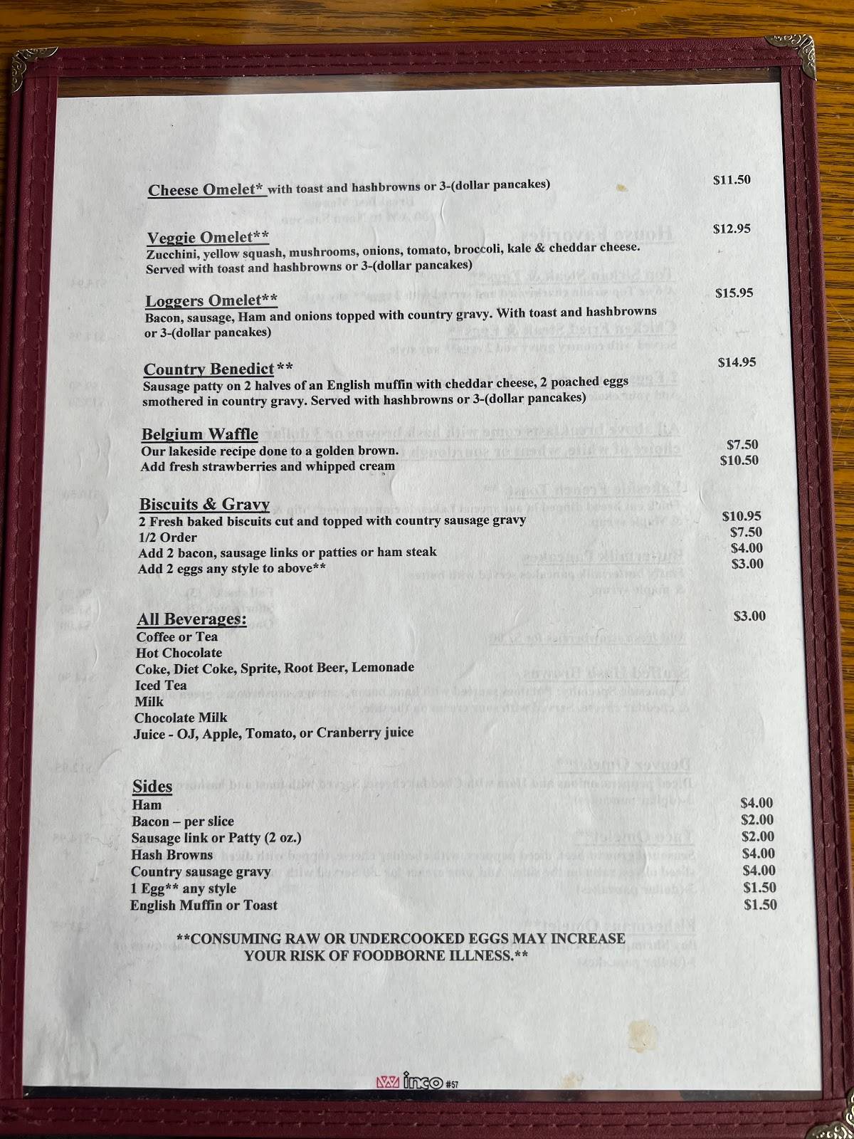 Menu at Lakeside Hideaway restaurant, Rockaway Beach