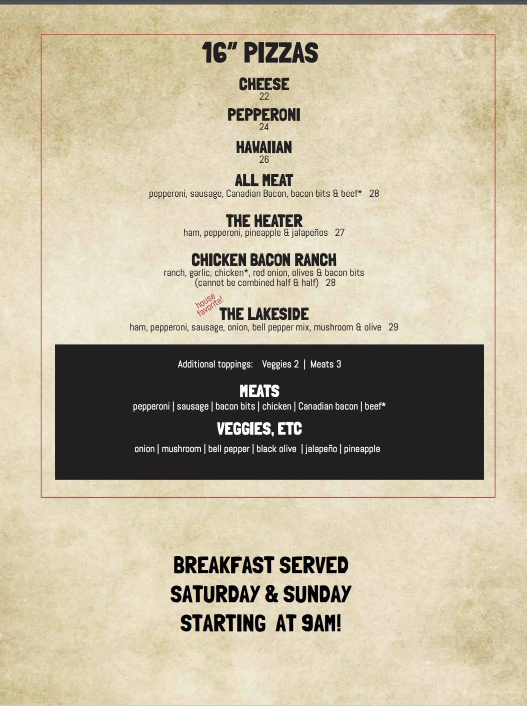 Menu at Lakeside Hideaway restaurant, Rockaway Beach
