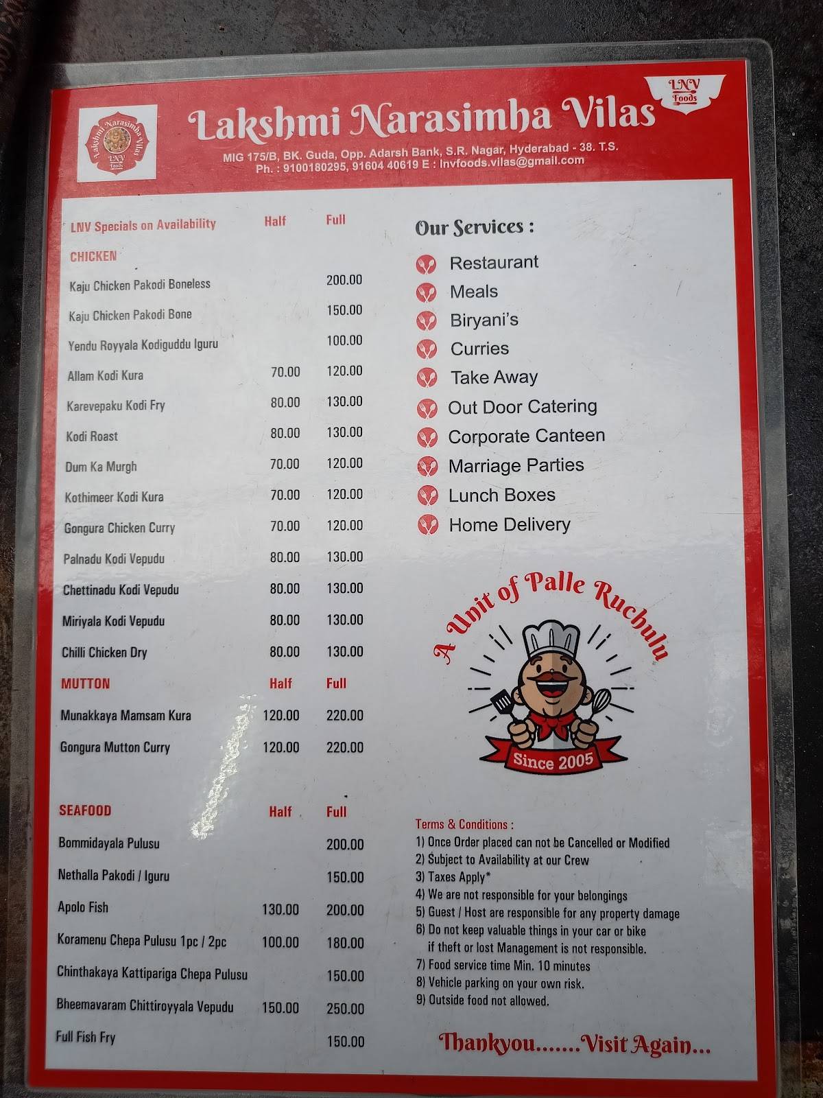 Menu at Lakshmi Narasimha vilas, Hyderabad, MIG 175