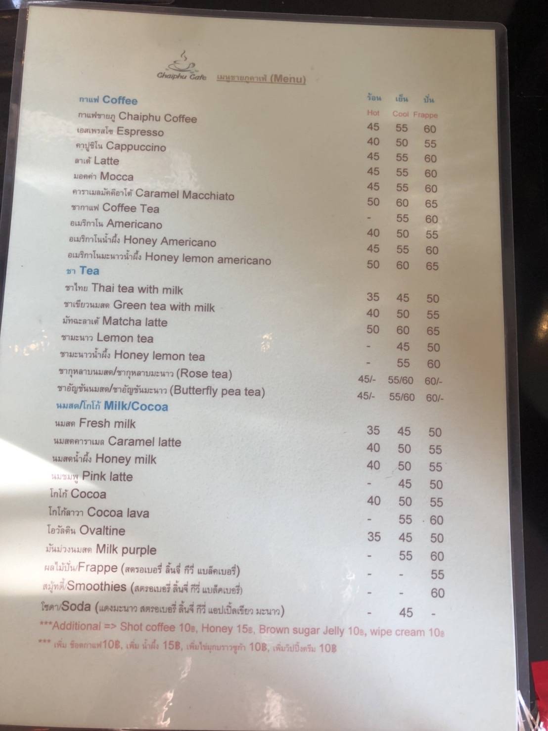 Menu at ชายภูคาเฟ่, Lam Phu