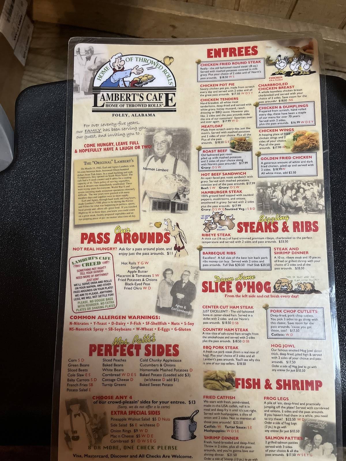 Menu at Lambert's Cafe, Foley, S McKenzie St