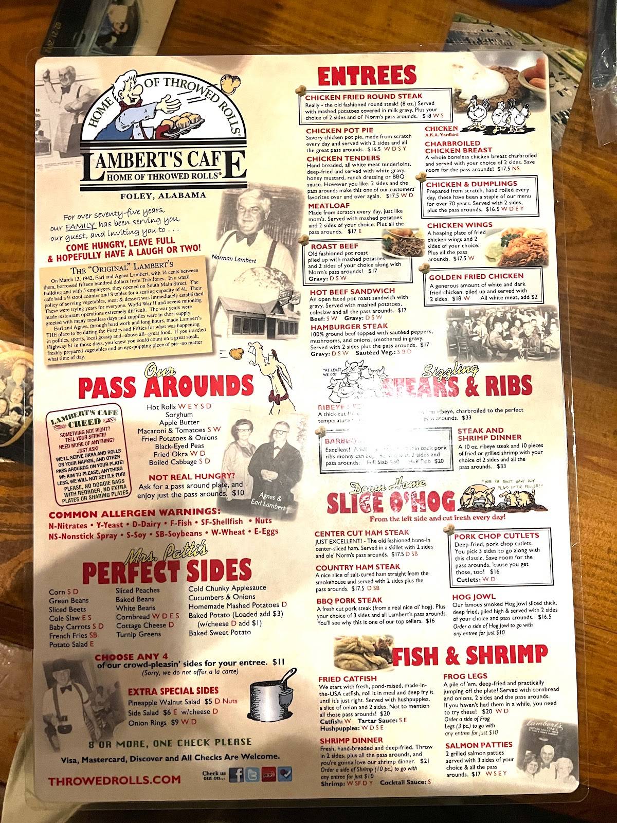 Menu at Lambert's Cafe, Foley, S McKenzie St