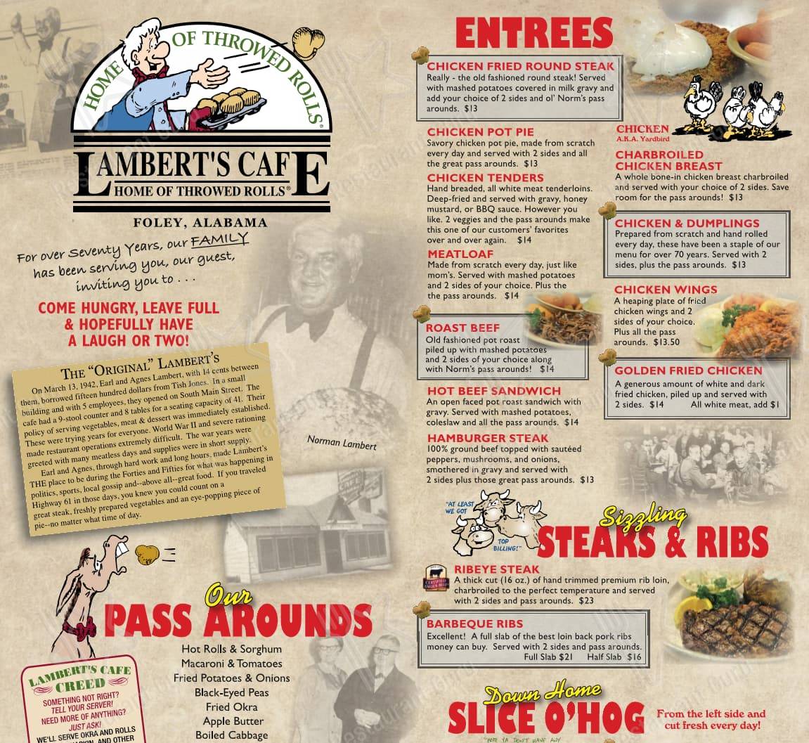 Menu at Lambert's Cafe, Foley, S McKenzie St