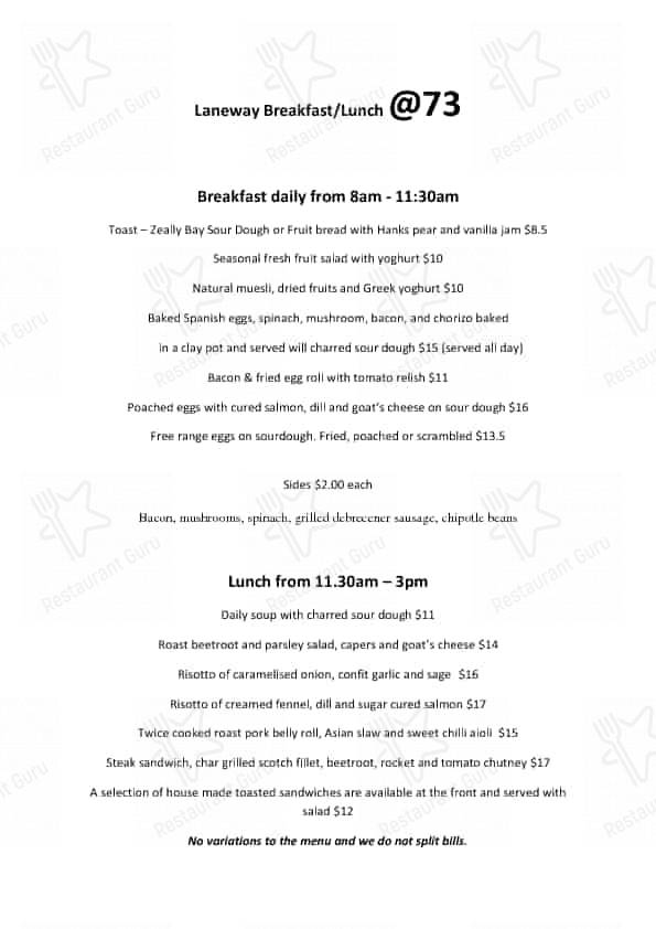 Menu at Laneway 73 Cafe Anglesea, Anglesea