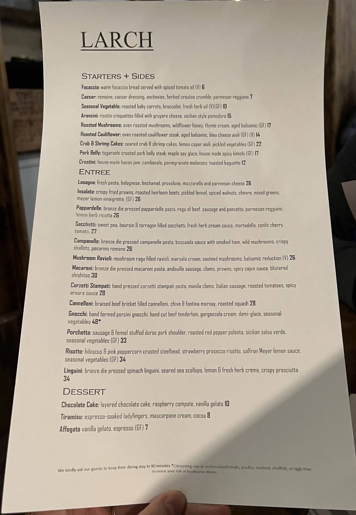 Menu at Larch Handcrafted Pasta & cocktails restaurant, Leavenworth