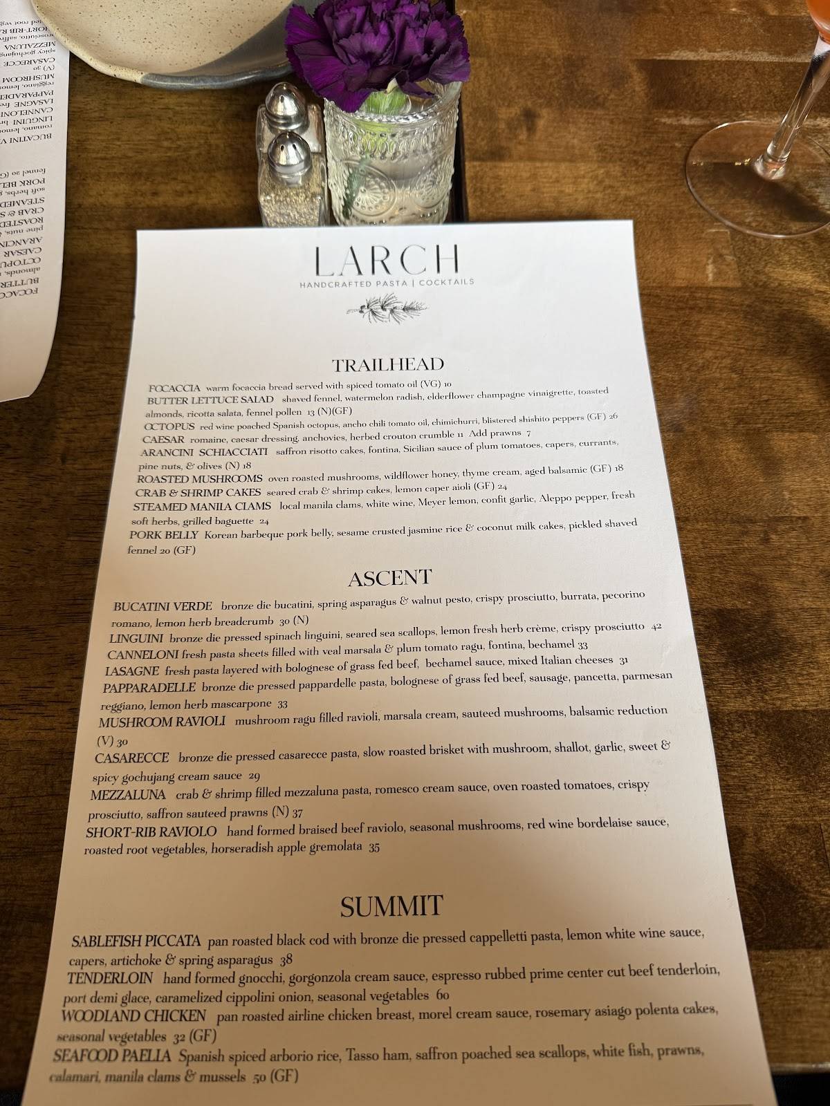 Menu at Larch Handcrafted Pasta & cocktails pub & bar, Leavenworth