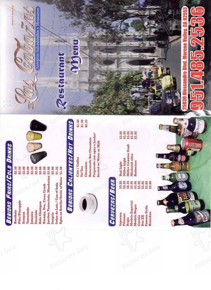 Carta del restaurante Las Cabanas, Moreno Valley