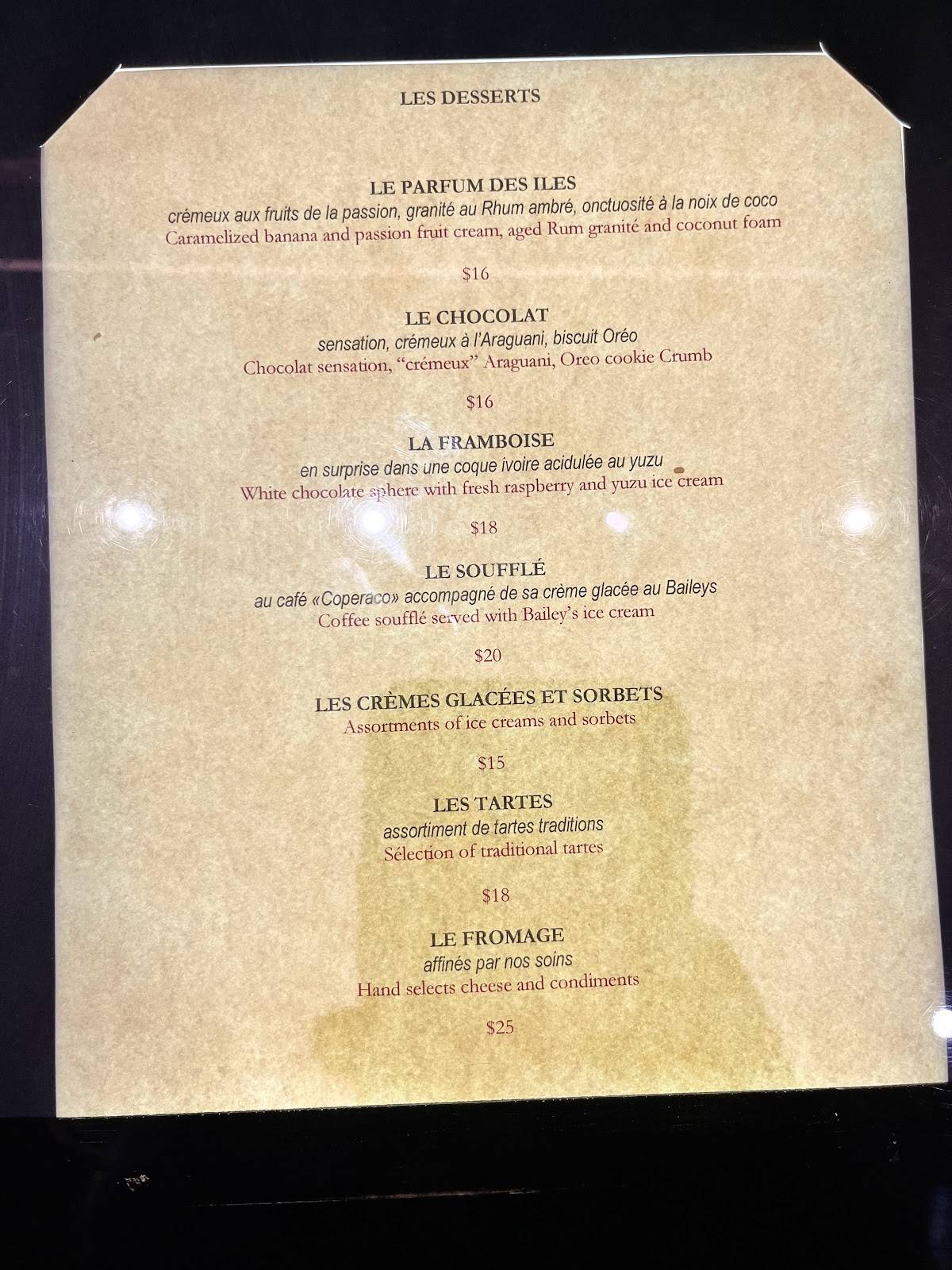 Menu at L'Atelier restaurant, Las Vegas