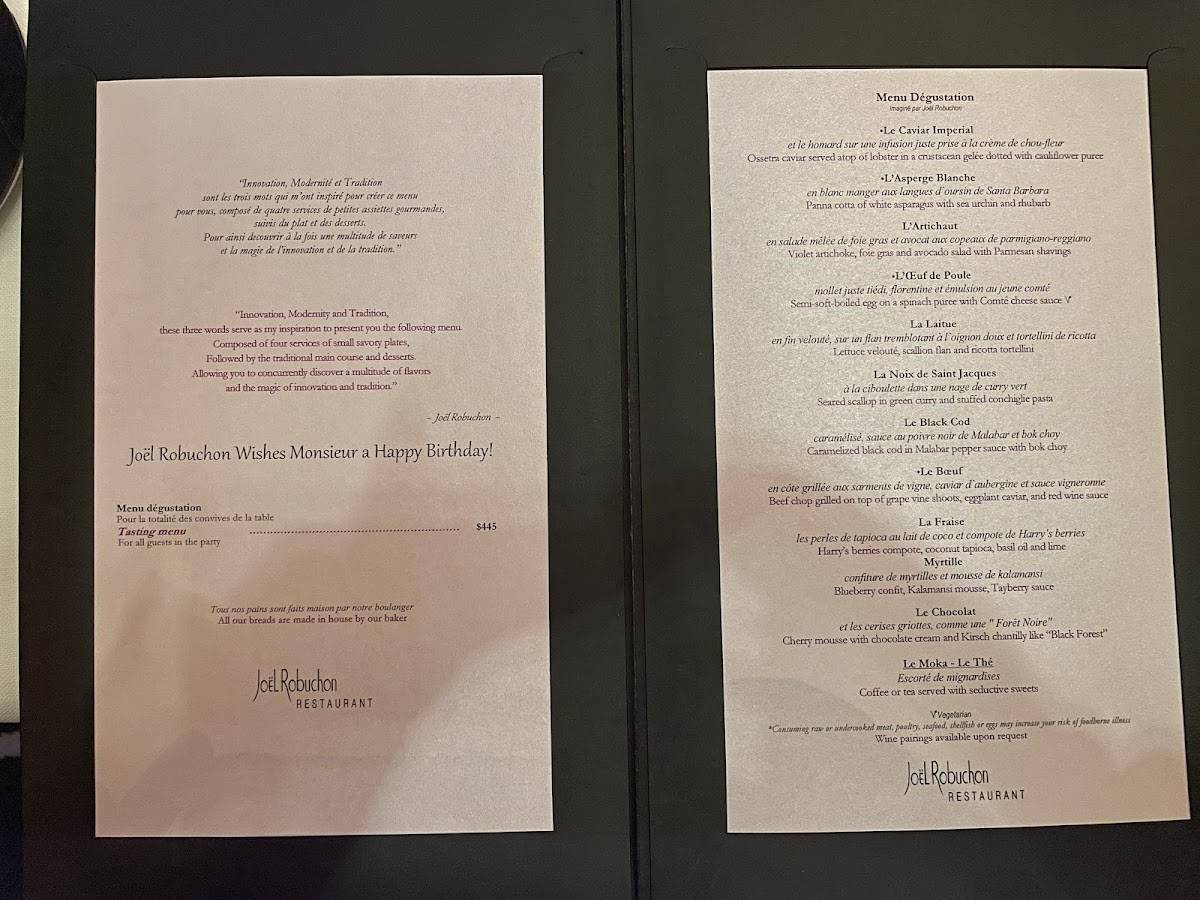 Menu at L'Atelier restaurant, Las Vegas